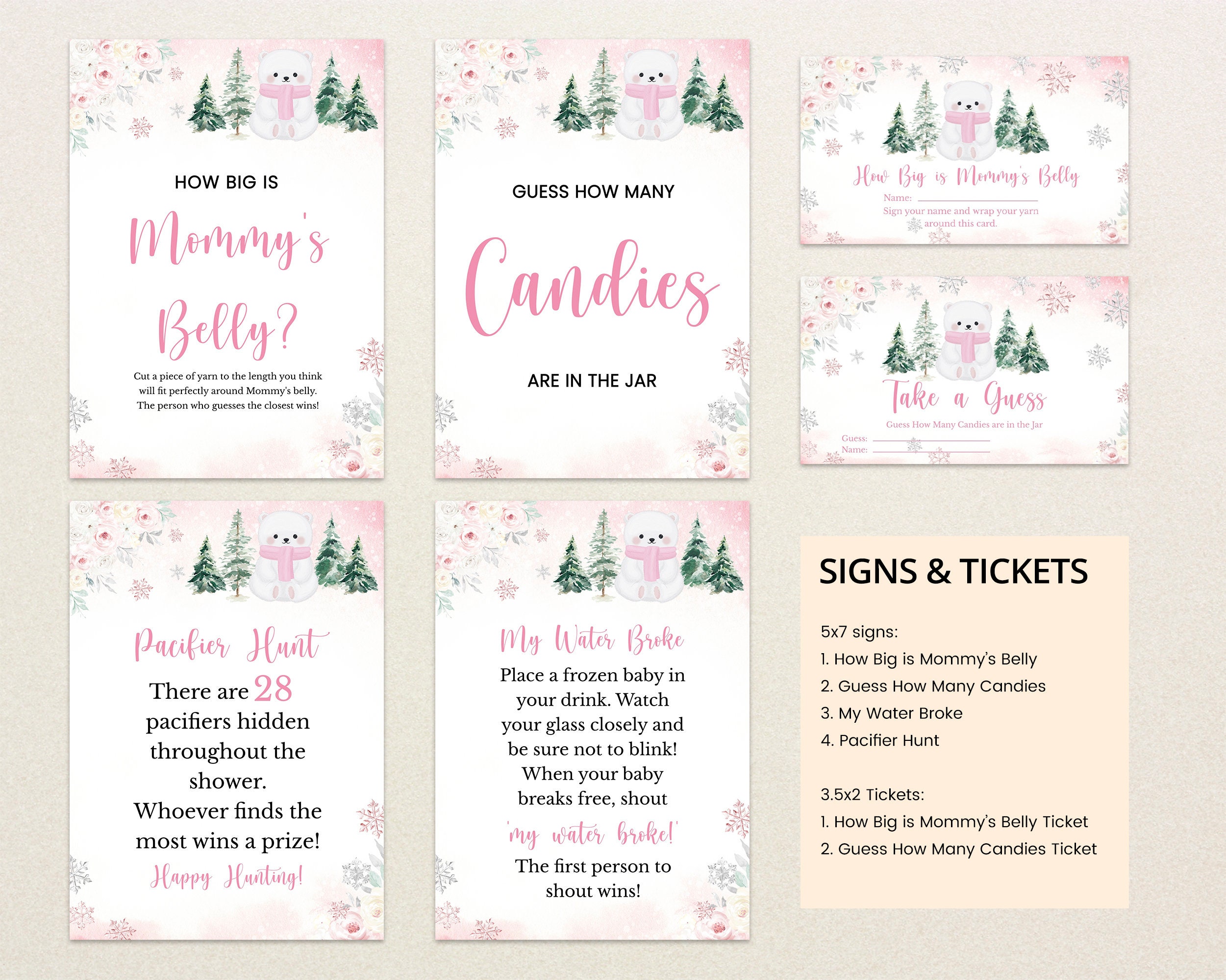 Editable Pink Polar Bear Baby Shower Game Bundle, We Can Bearly Wait ...