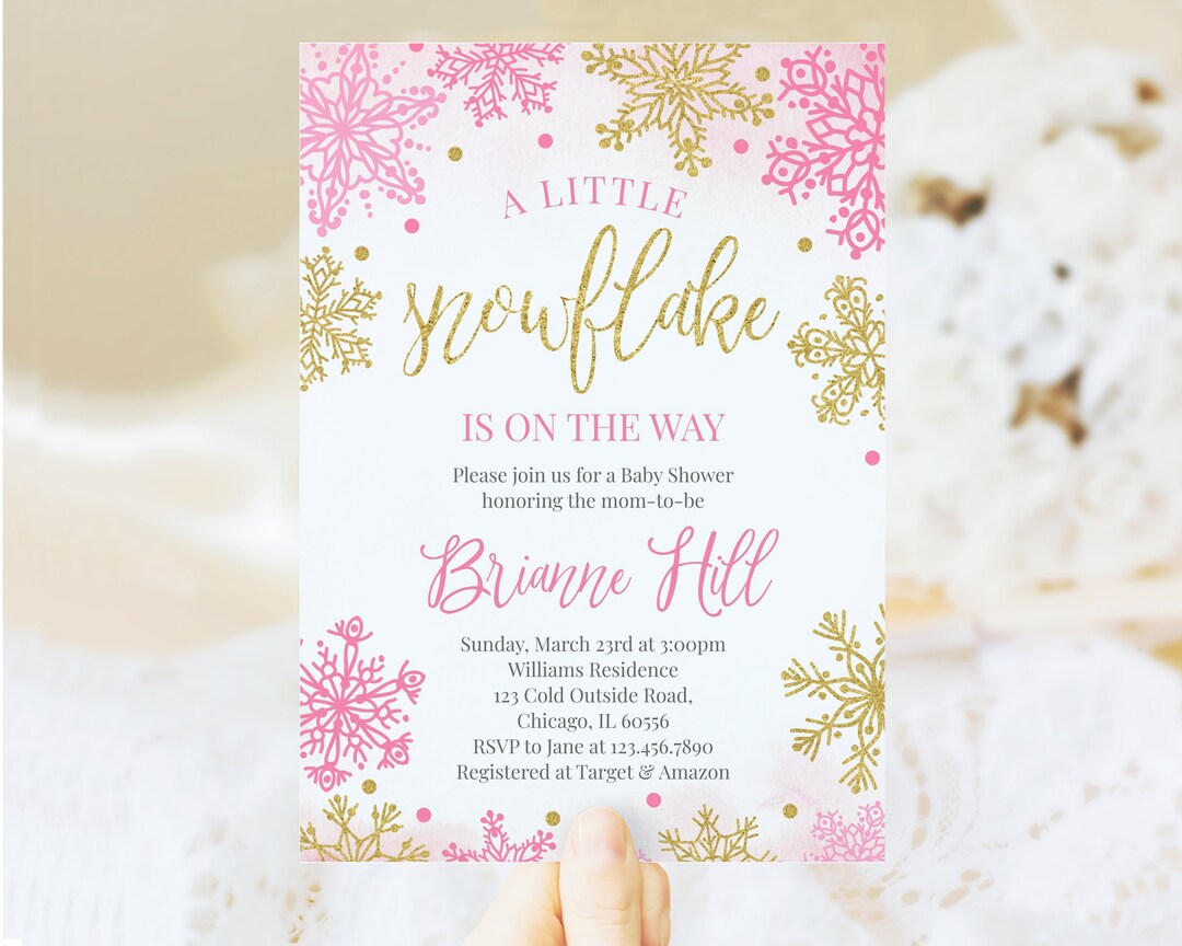 Editable Pink A Little Snowflake Baby Shower Invitation, Girl Winter ...
