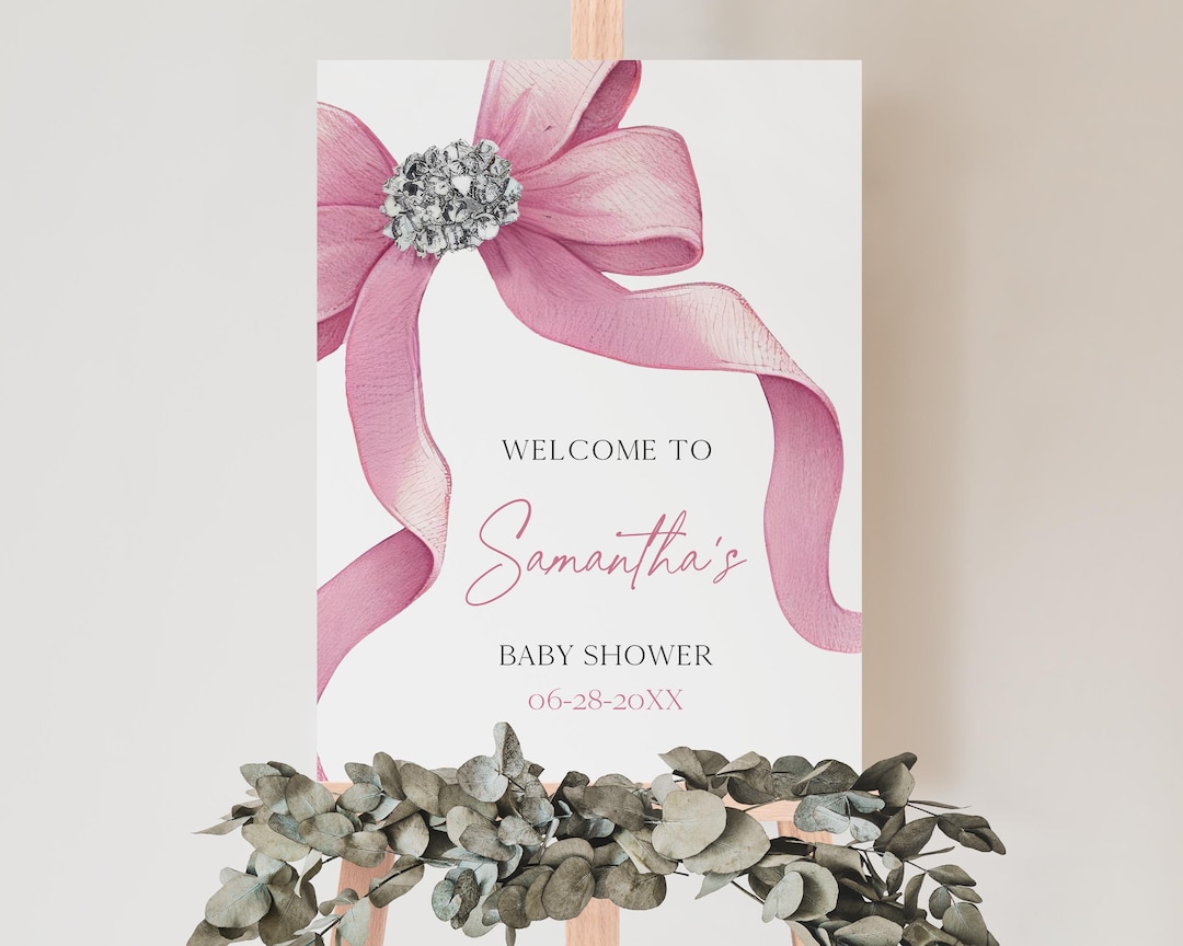 Editable Pink Bow Baby Shower Welcome Sign, Pink Bow Girl Baby Shower ...