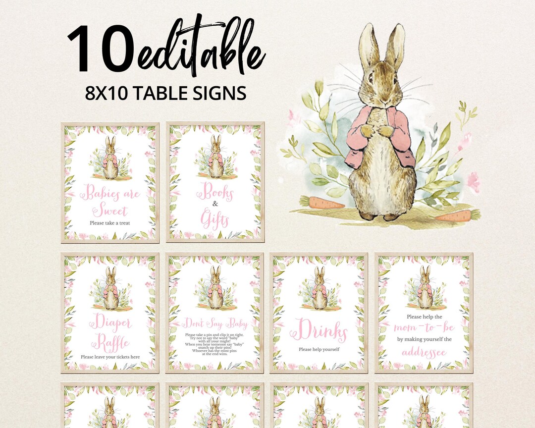 Editable Peter Rabbit Baby Shower Table Sign, Pink Peter Rabbit Gifts ...
