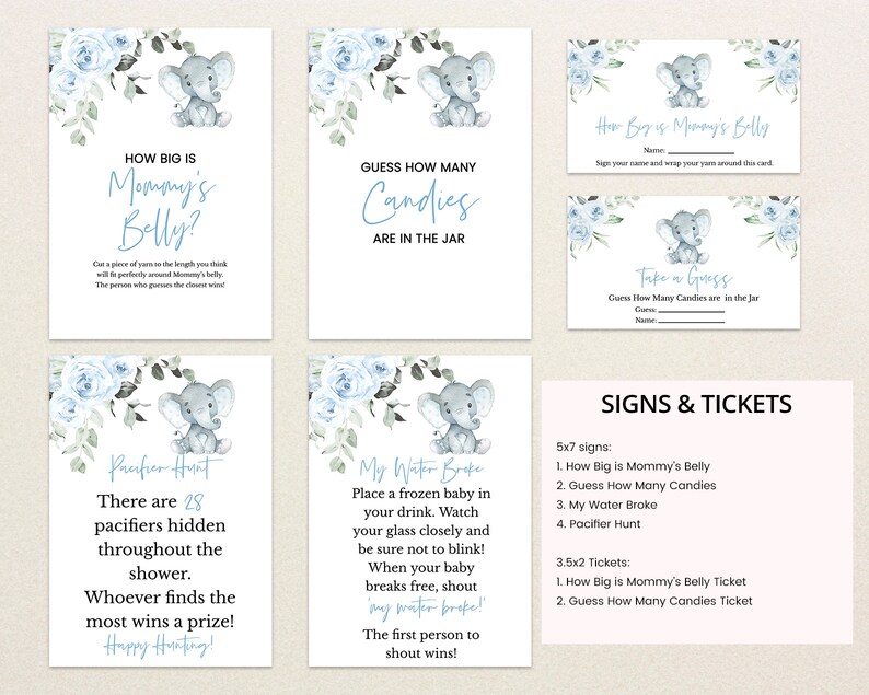 Editable Elephant Baby Shower Game Bundle Blue Floral - Etsy