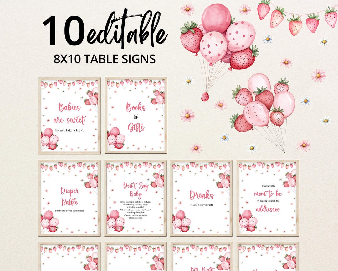 Editable Strawberry Balloon Baby Shower Table Sign, Pink and Red ...