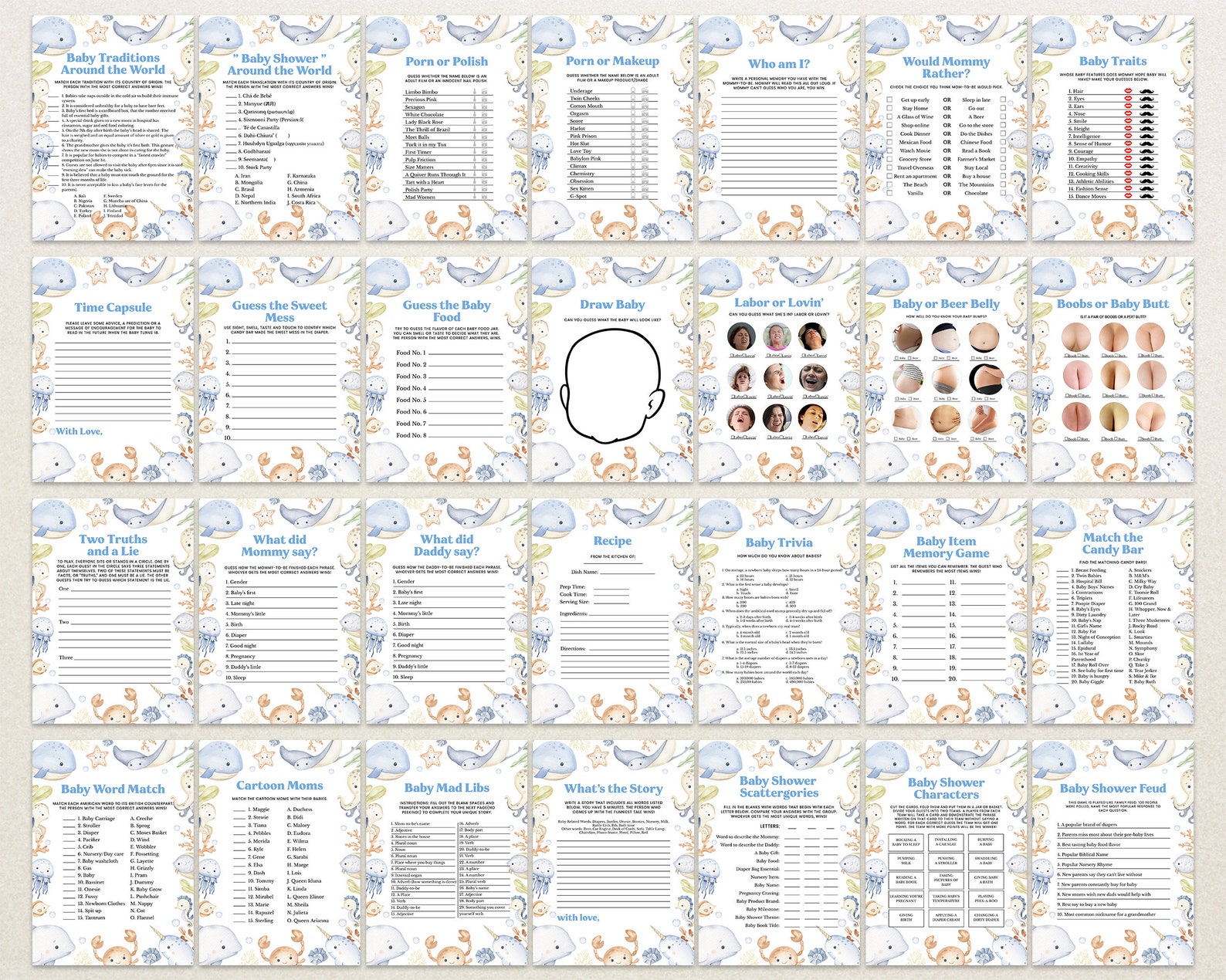 Editable Boy Under the Sea Baby Shower Game Bundle, Ocean Baby Shower ...