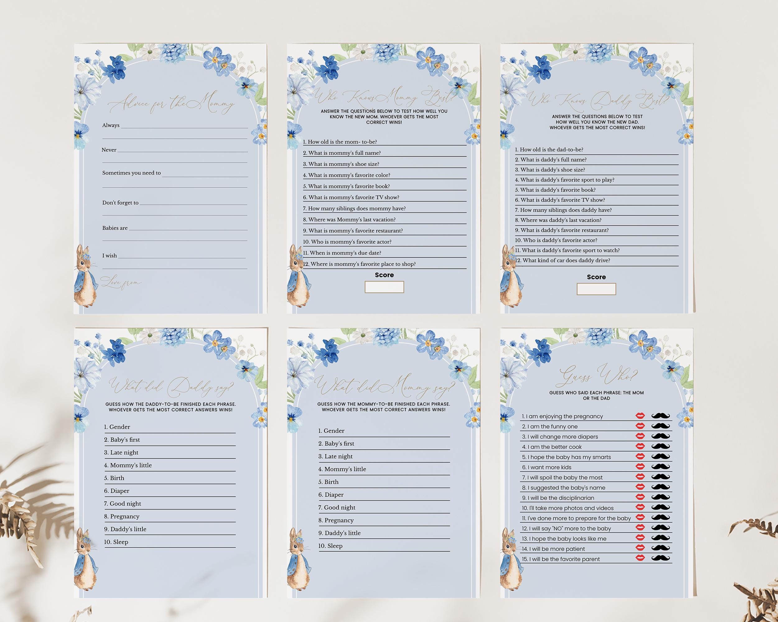 Editable Little Bunny Baby Shower Game Bundle, Blue Floral Peter Rabbit ...