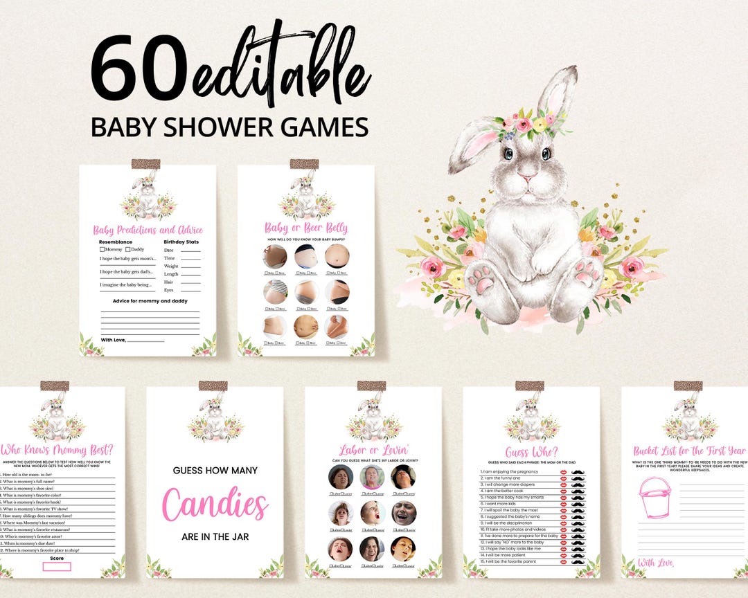Editable Floral Rabbit Baby Shower Game Bundle, Pink Rabbit Baby Shower ...