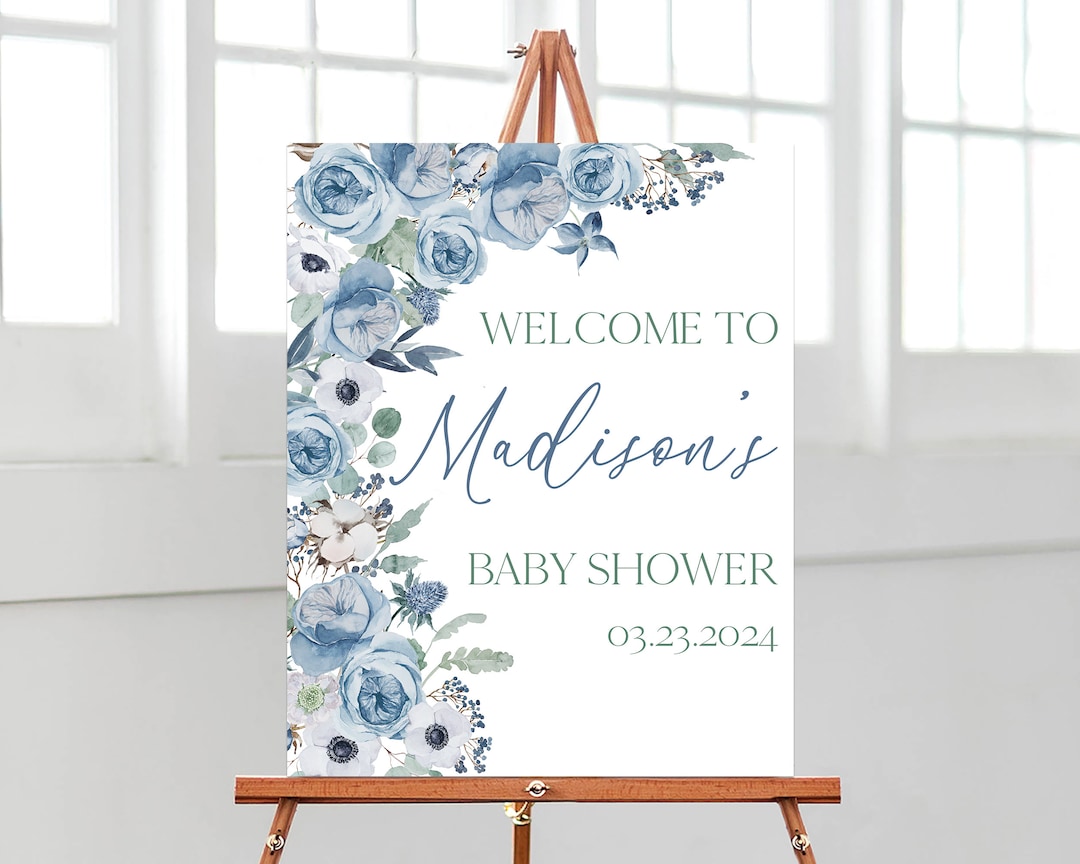 Editable Boy Baby in Bloom Baby Shower Welcome Sign, Blue Spring ...