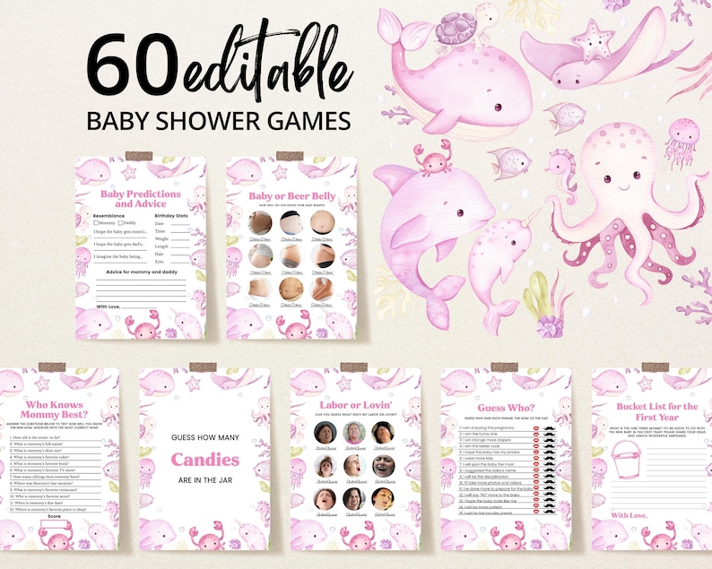 Editable Girl Under the Sea Baby Shower Game Bundle, Ocean Baby Shower ...