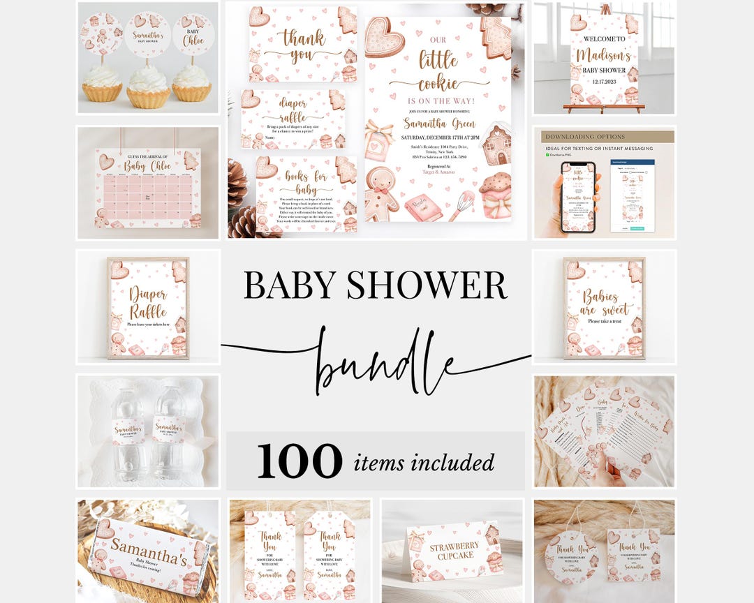 Editable Pink A Little Cookie Baby Shower Bundle, Pink Gingerbread Baby ...