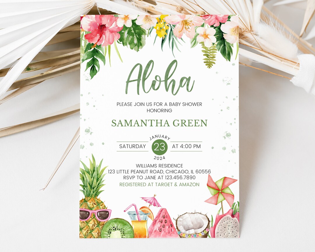 Editable Girl Aloha Hawaiian Baby Shower Invitation, Tropical Fruits ...