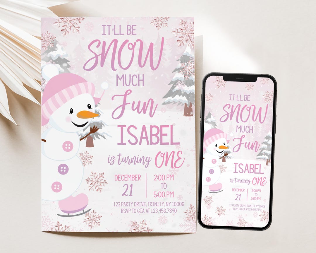 Editable Pink Snowman Birthday Invitation, It'll Be Snow Much Fun ...
