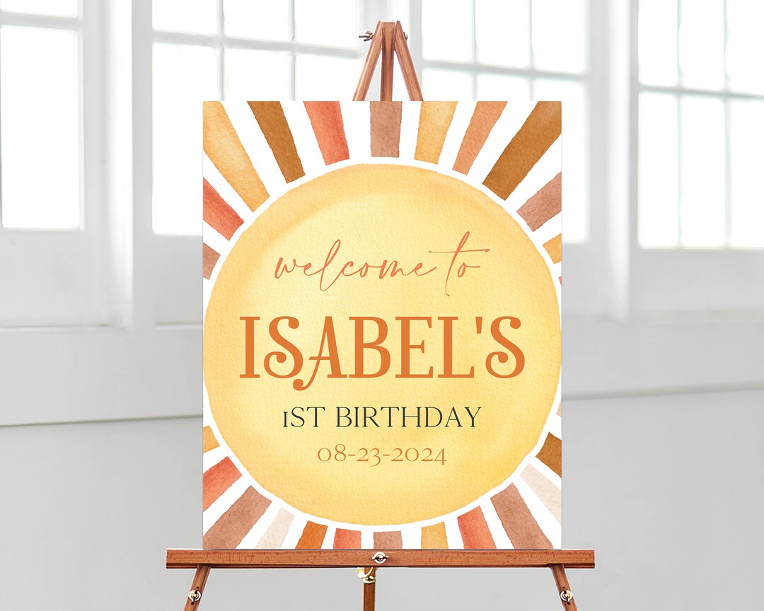 Editable Boho Sunshine Birthday Welcome Sign, Rustic Sun Birthday ...