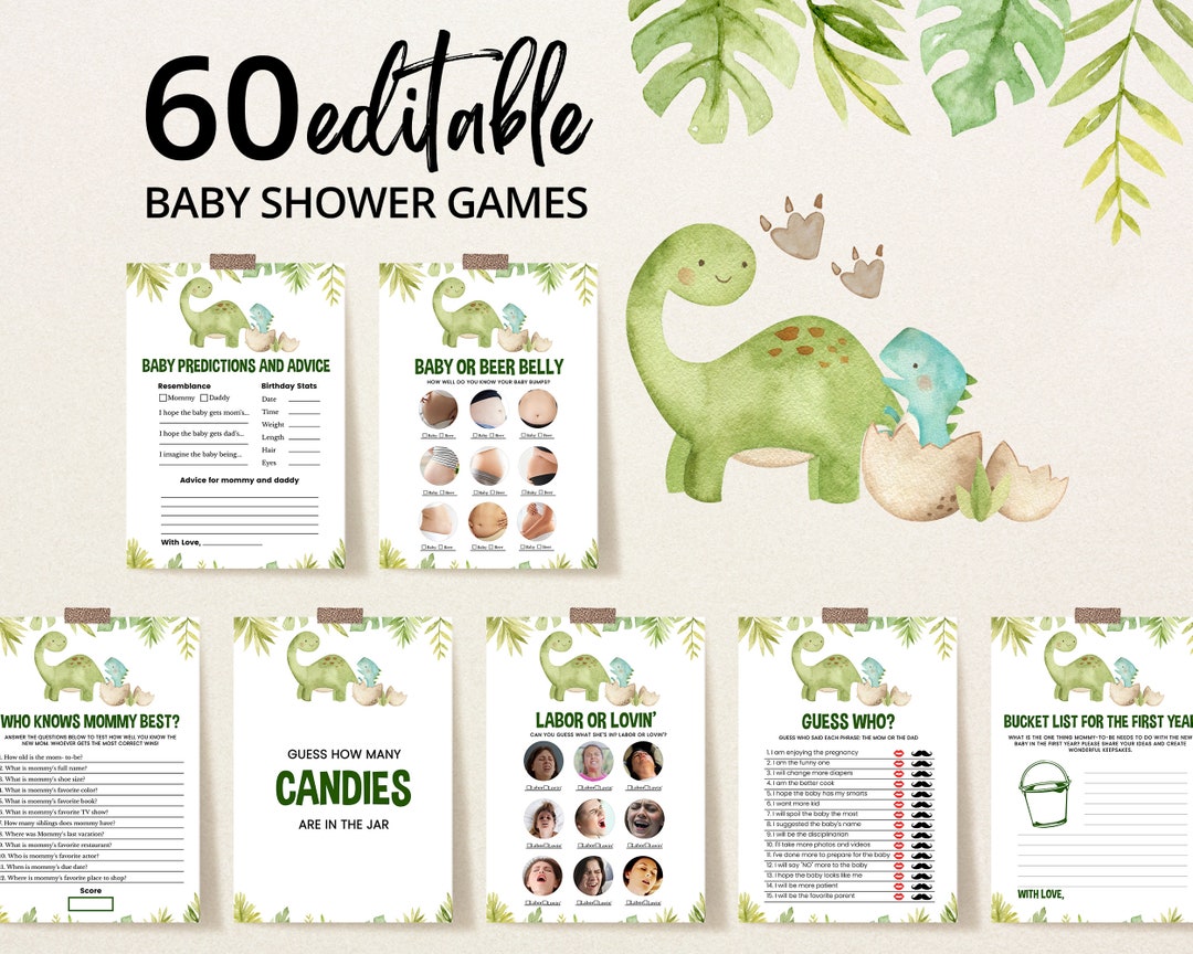 Editable Dinosaur Baby Shower Game Bundle, Boho Greenery Dinosaur Baby ...