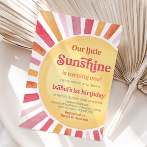 Editable Our Little Sunshine Birthday Invitation, Boho Sun Birthday ...