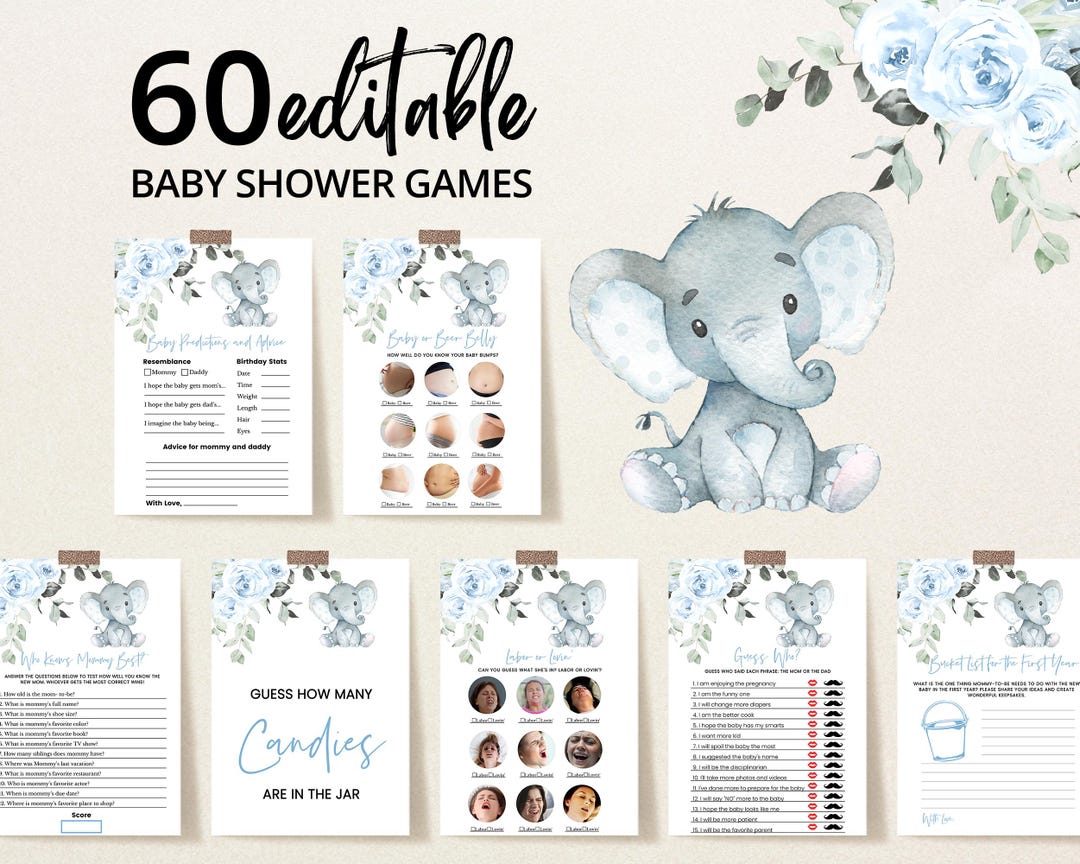 Editable Elephant Baby Shower Game Bundle, Blue Floral Elephant Baby ...