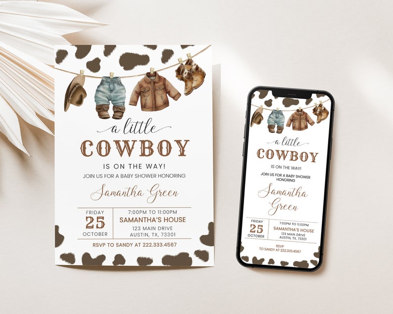 Editable A Little Cowboy Baby Shower Invitation, Wild West Baby Shower ...