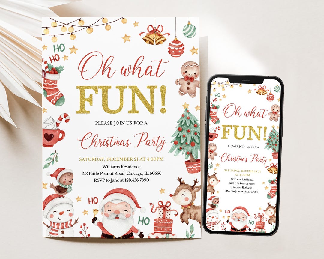 Editable Oh What Fun Christmas Party Invitation, Santa Claus Christmas ...