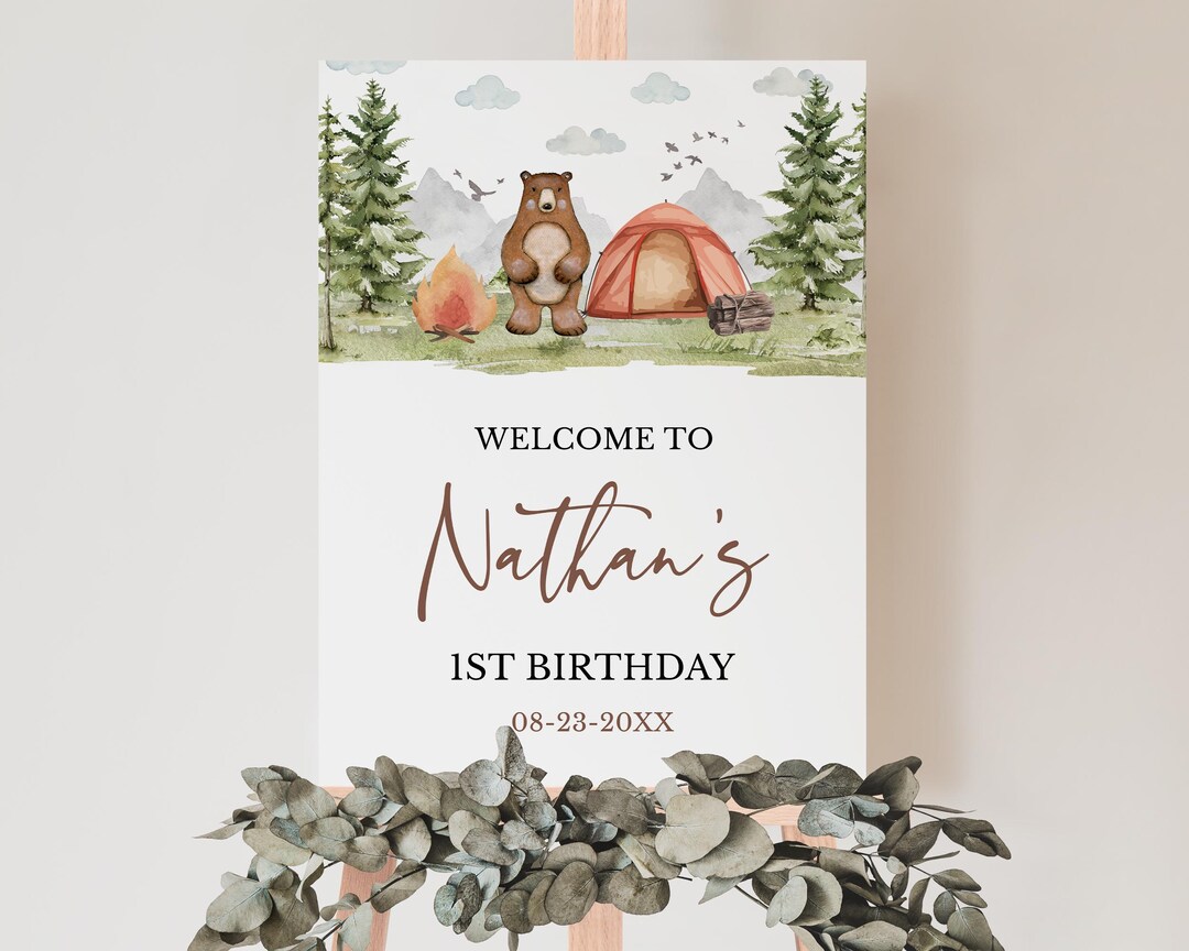 Editable One Happy Camper Woodland First Birthday Welcome Sign ...
