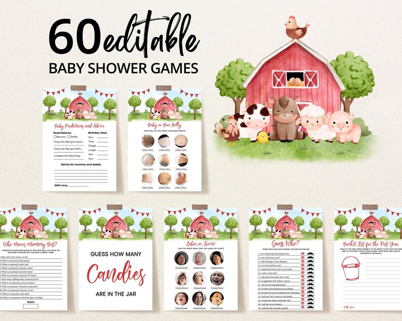 Editable Farm Baby Shower Game Bundle, Greenery Farm Baby Shower Game ...
