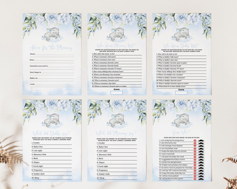 Editable Blue Boy Elephant Baby Shower Game Bundle Blue - Etsy