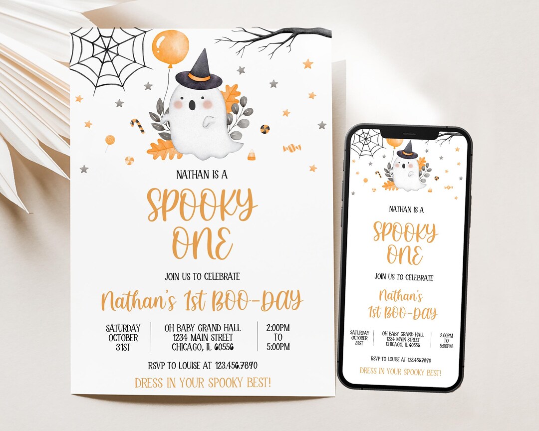 Editable Ghost Spooky One Halloween Birthday Invitation, Boy Ghost Boo ...