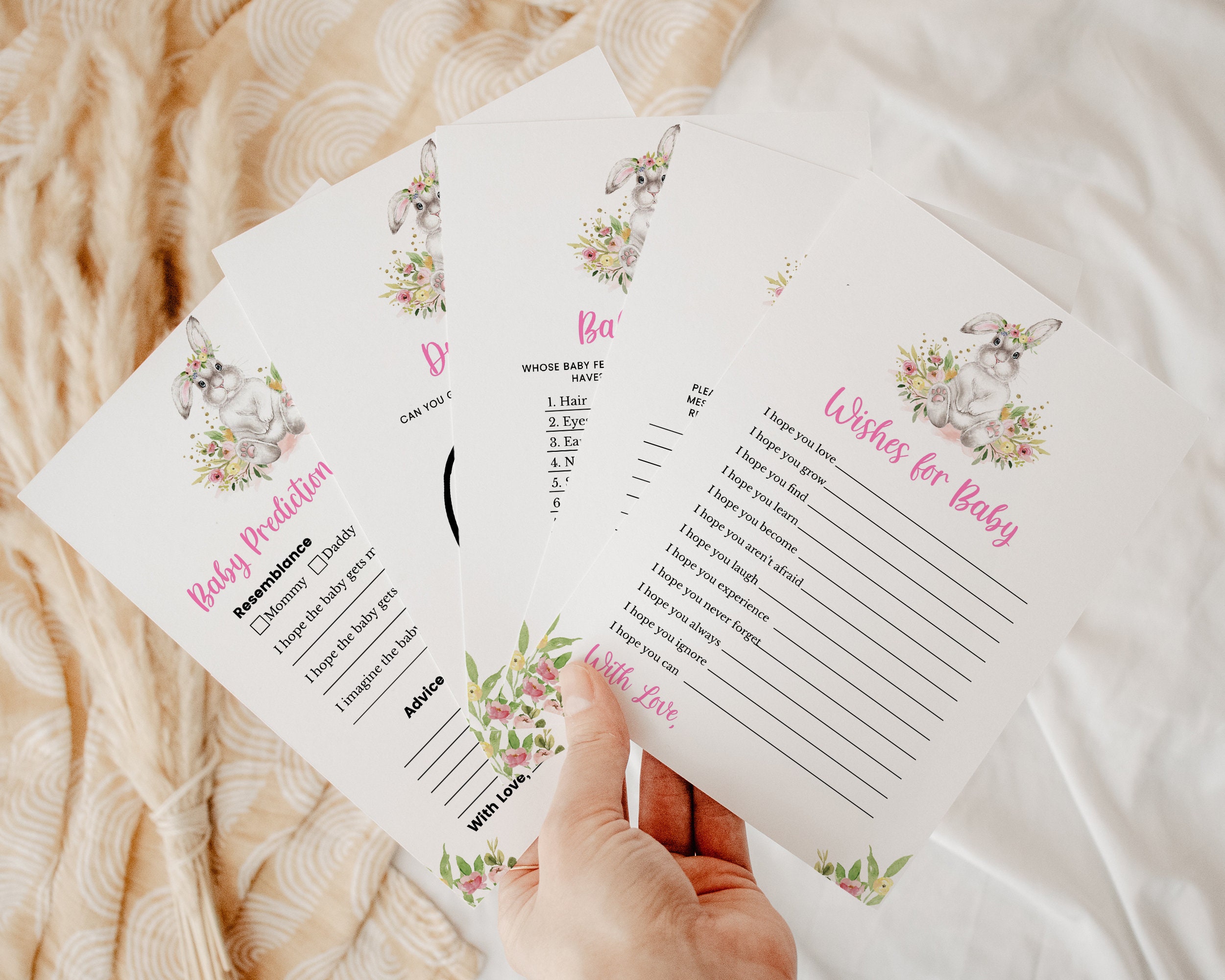 Editable Floral Rabbit Baby Shower Game Bundle, Pink Rabbit Baby Shower ...
