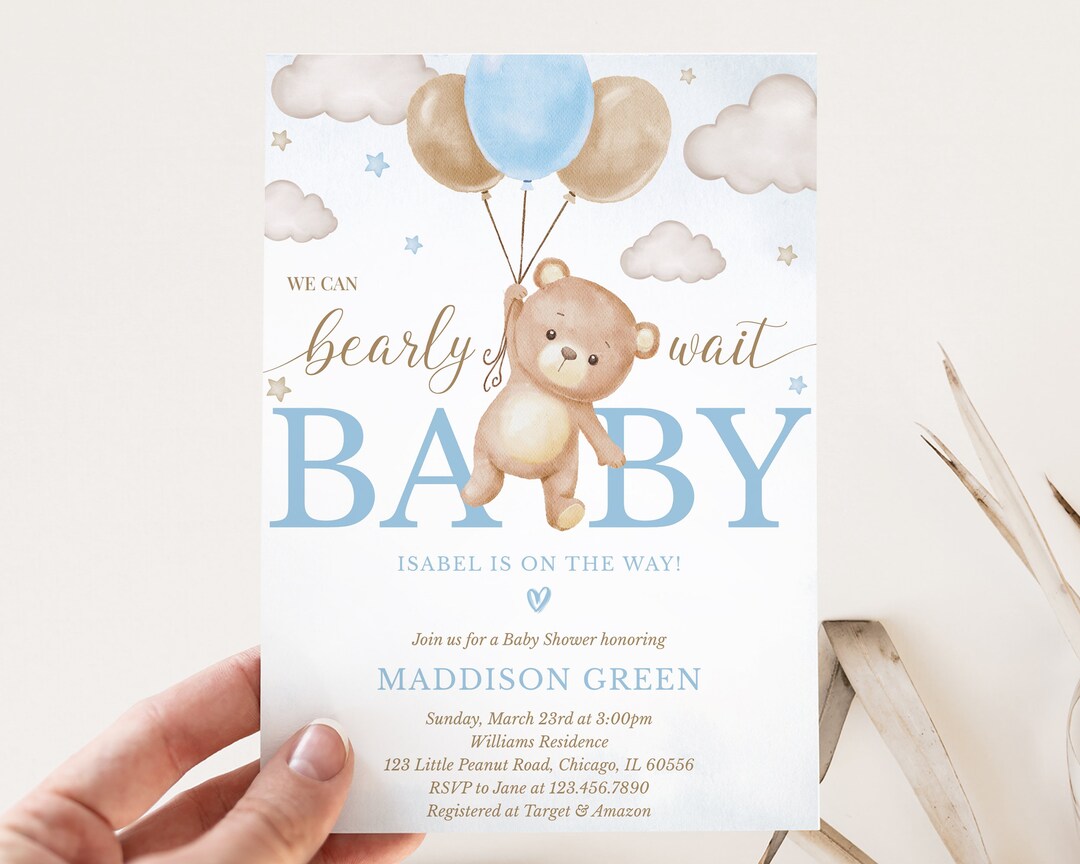 Editable Blue Bear Balloon Baby Shower Invitation, We Can Bearly Wait ...