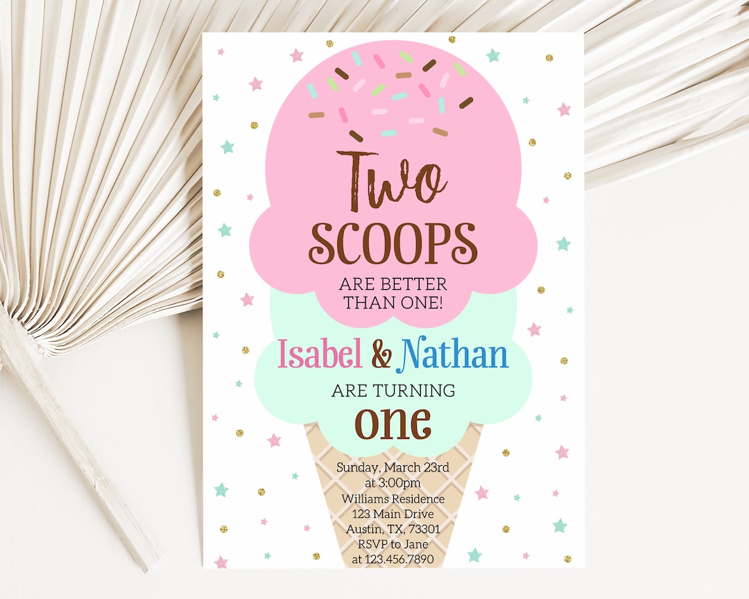 Editable Two Scoops Better One Twin Birthday Invitation, Pink Ice Cream ...