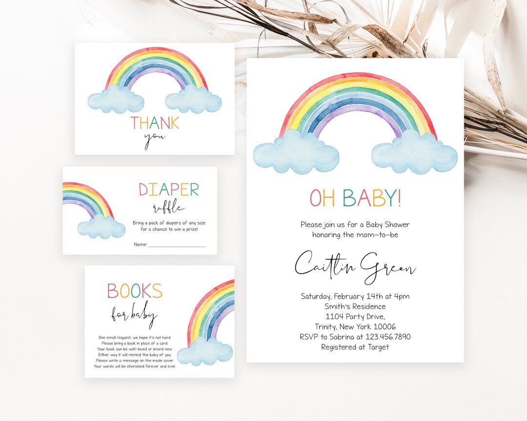 Editable Oh Baby Rainbow Baby Shower Invitation Bundle, Classic Rainbow ...