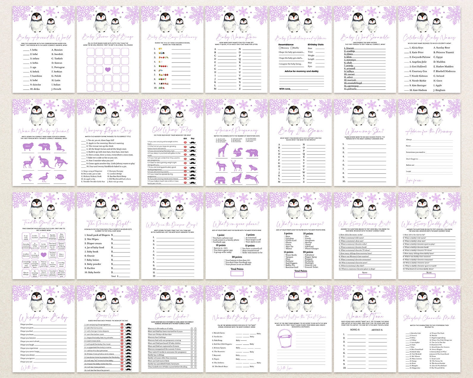 Editable Winter Penguin Baby Shower Game Bundle Purple - Etsy