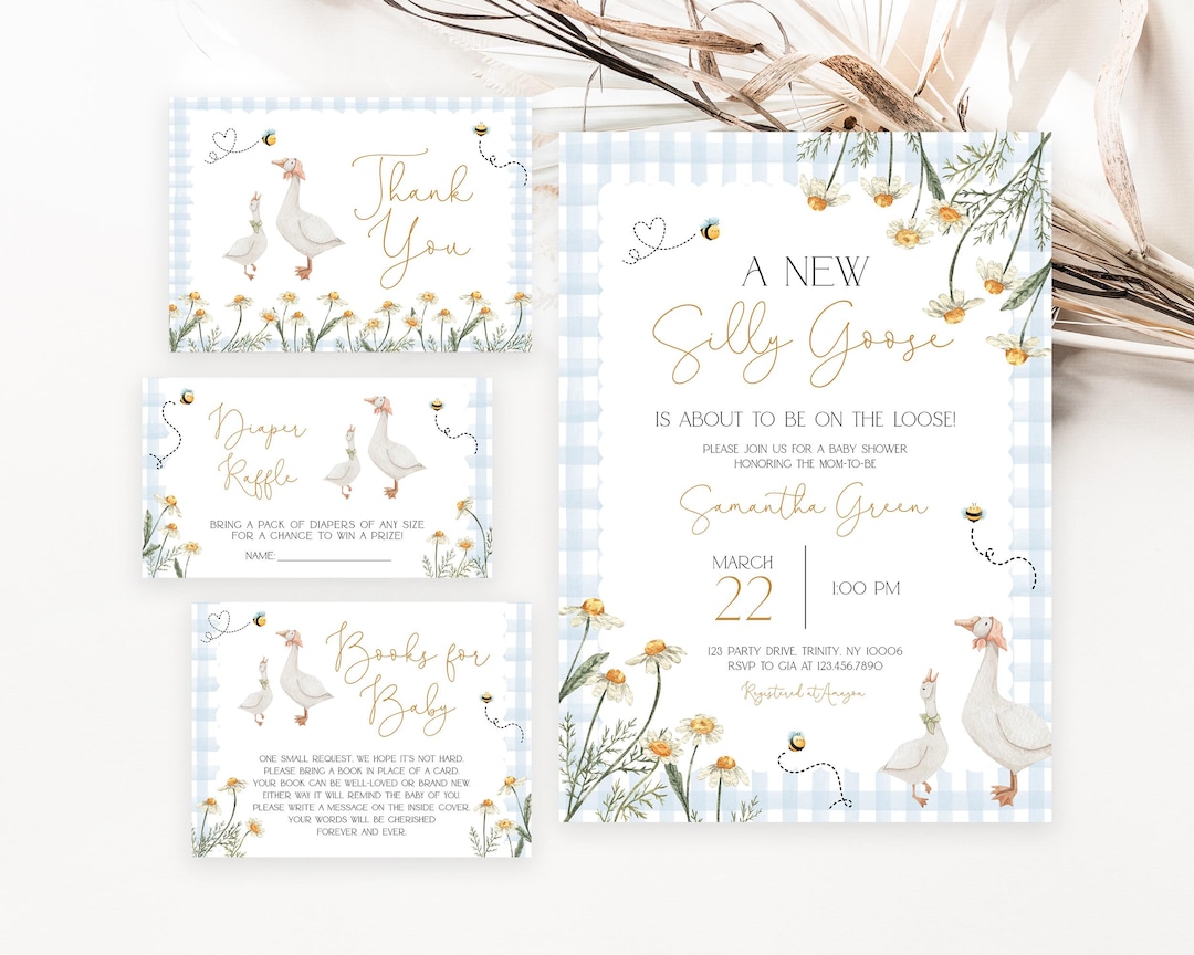 Editable A New Silly Goose Baby Shower Invitation Bundle, Daisies Goose ...
