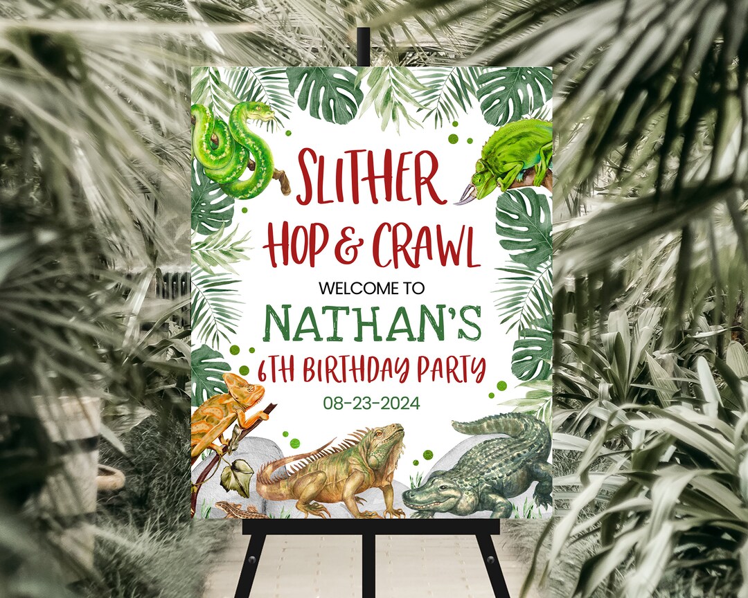 Editable Reptile Birthday Welcome Sign, Slither, Hop and Crawl Poster ...