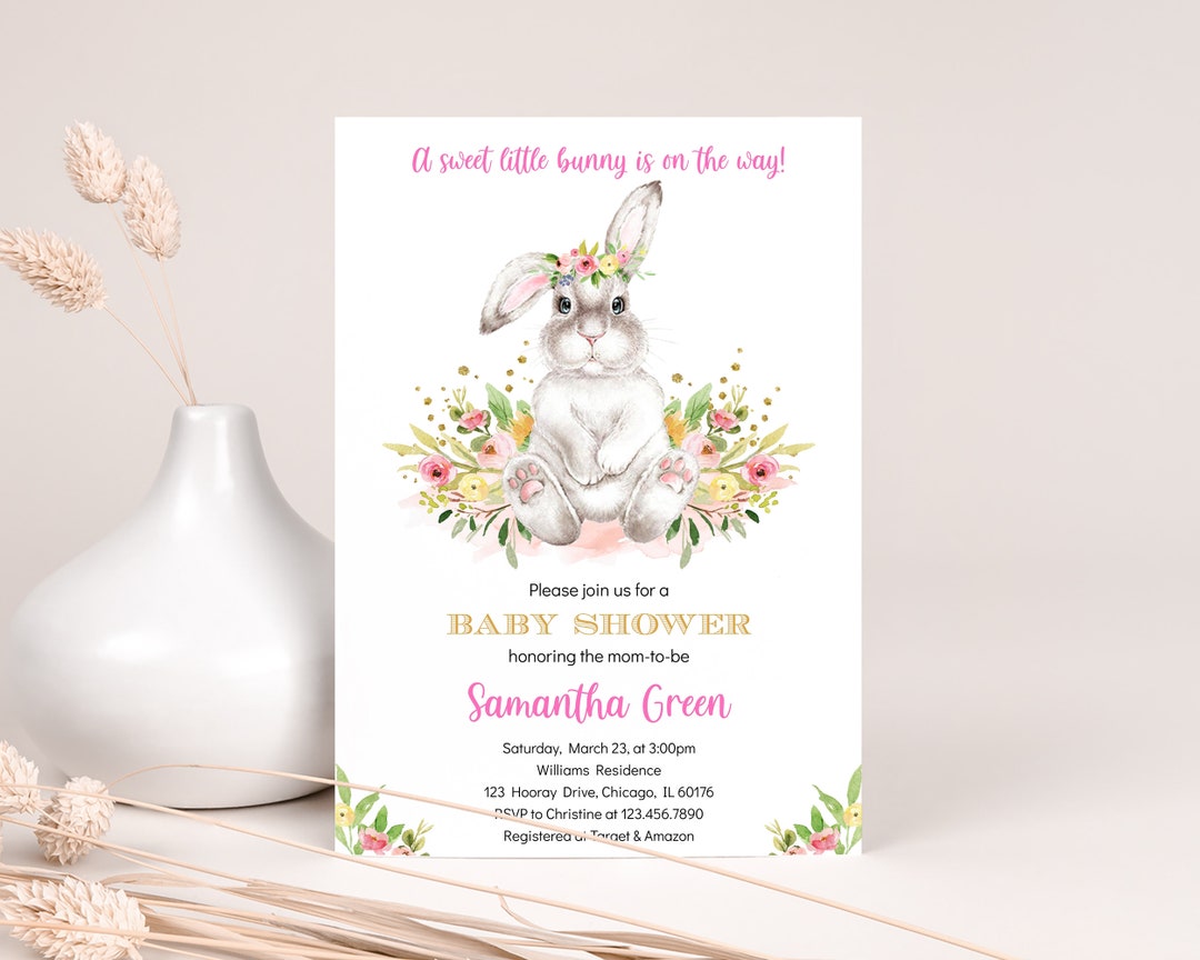 Editable Floral Rabbit Baby Shower Invitation, Pink Rabbit Baby Shower ...