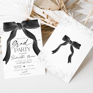 Editable Black Bow Graduation Party Invitation, Black Minimalist ...