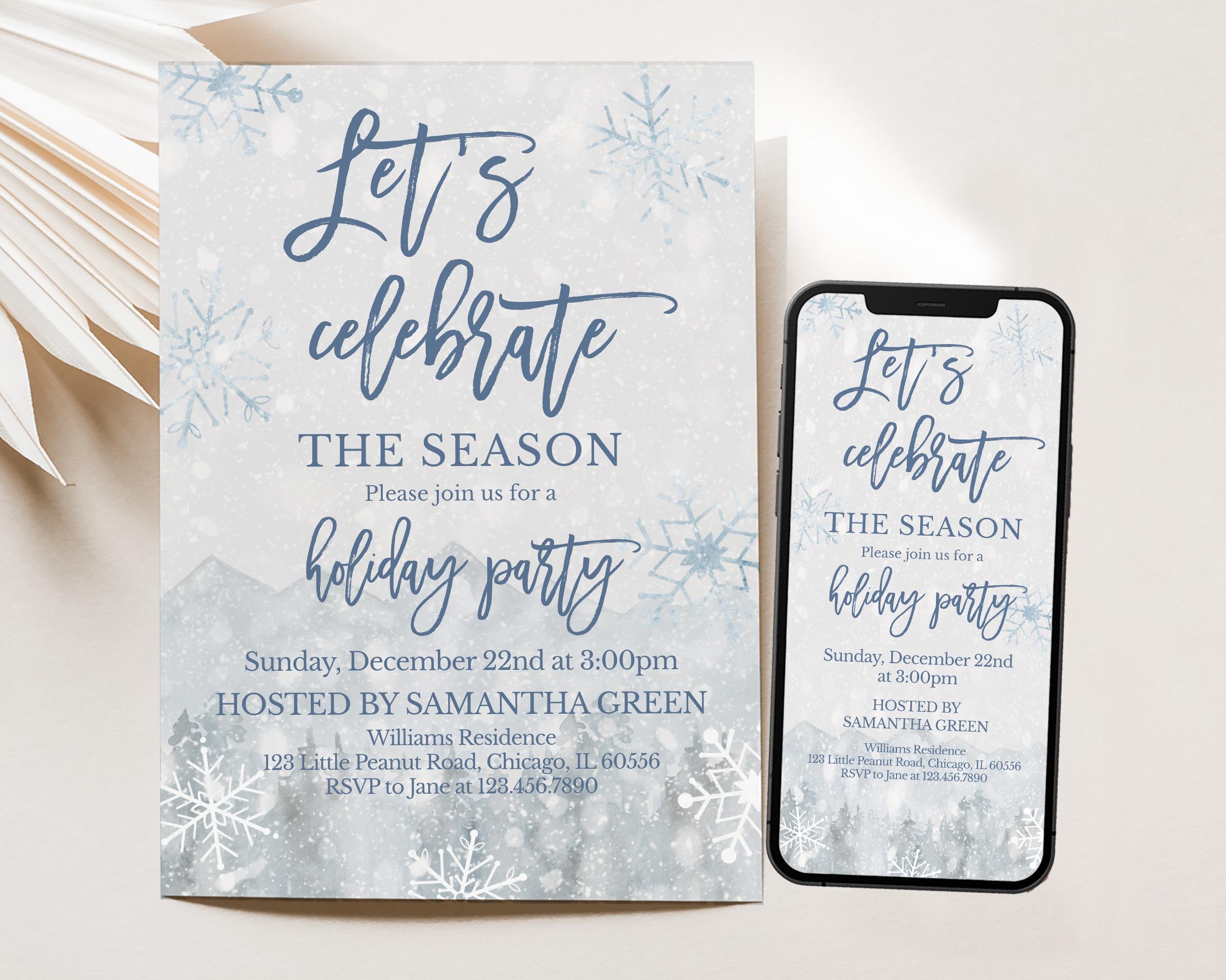 Editable Let's Celebrate the Season Holiday Party Invitation, Winter ...
