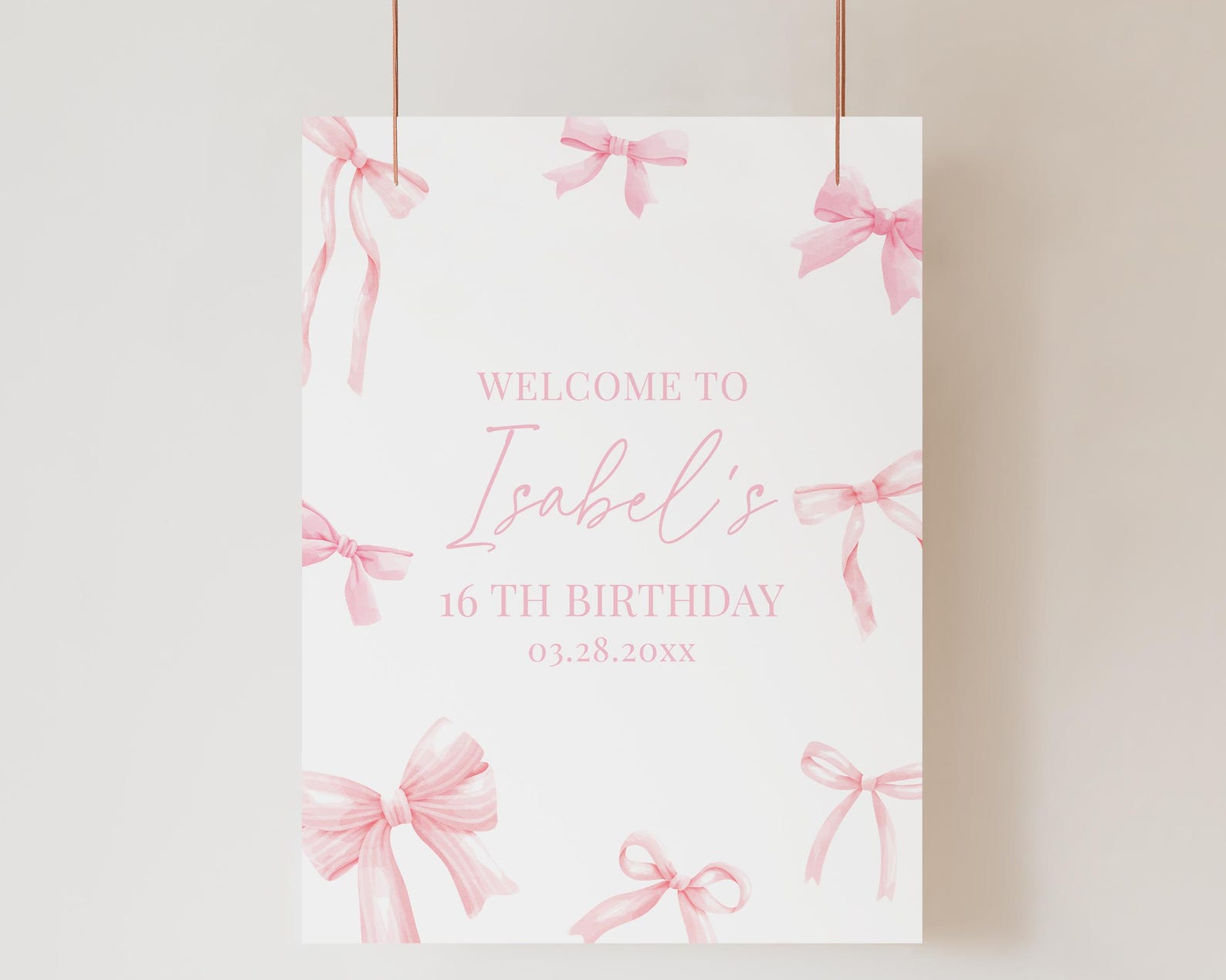 Editable Pink Bow Birthday Welcome Sign, Pink Bow Girl Birthday Poster ...