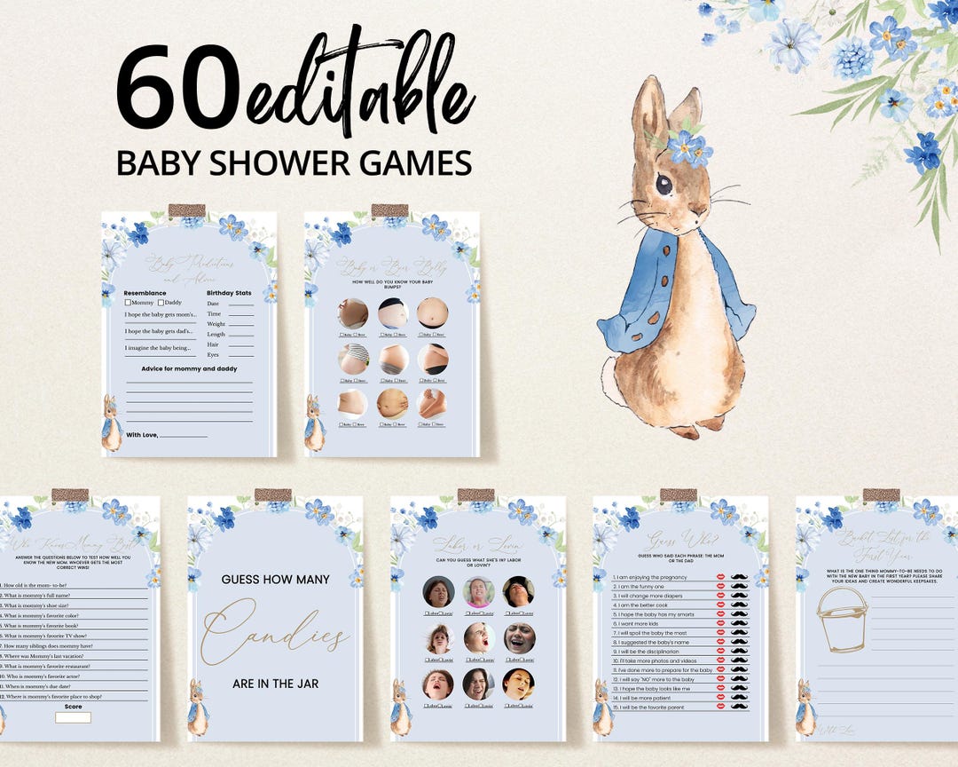 Editable Little Bunny Baby Shower Game Bundle, Blue Floral Peter Rabbit ...