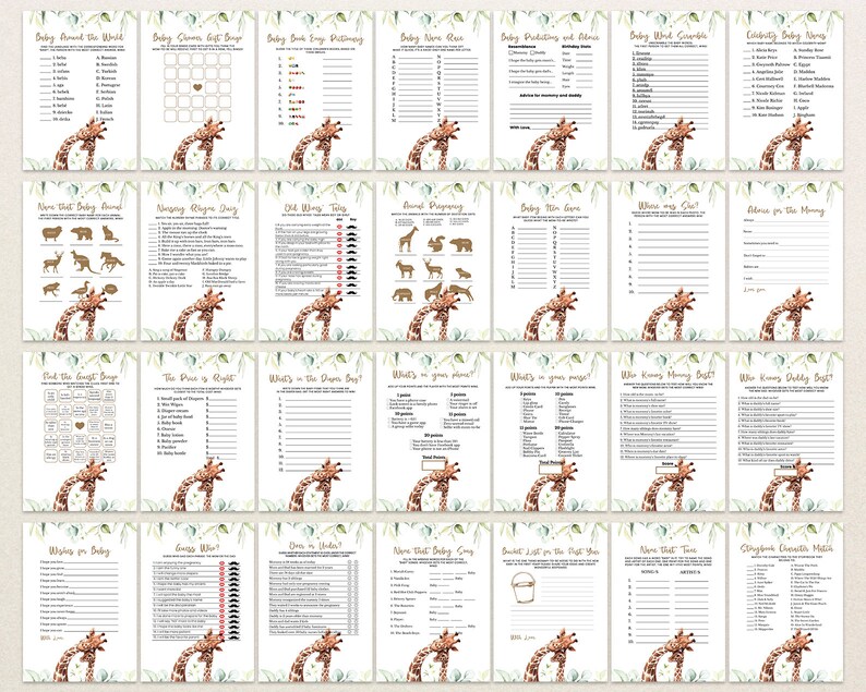Editable Giraffe Baby Shower Game Bundle Greenery Giraffe - Etsy