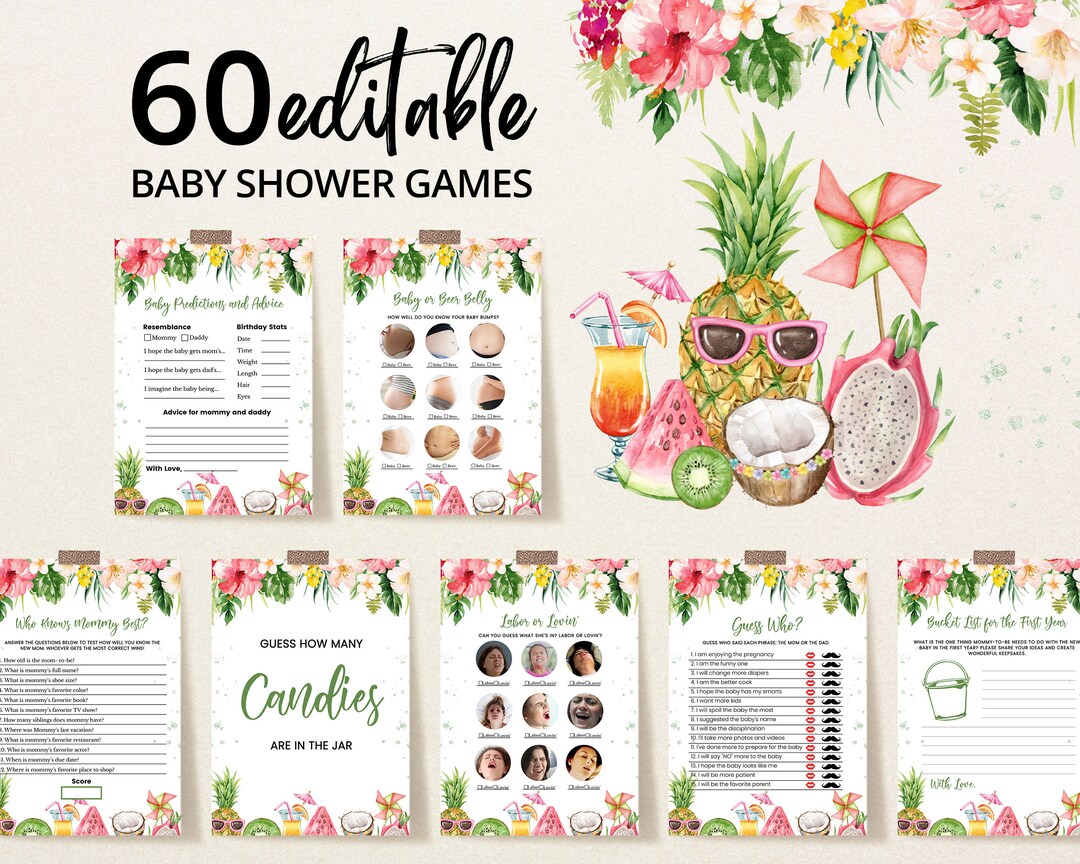 Editable Girl Aloha Hawaiian Baby Shower Game Bundle, Tropical Fruits ...