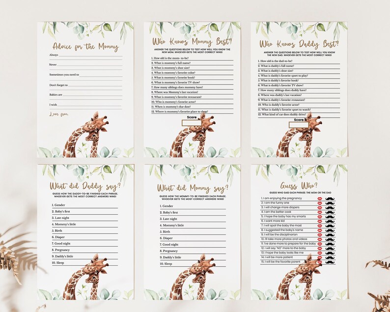 Editable Giraffe Baby Shower Game Bundle Greenery Giraffe - Etsy