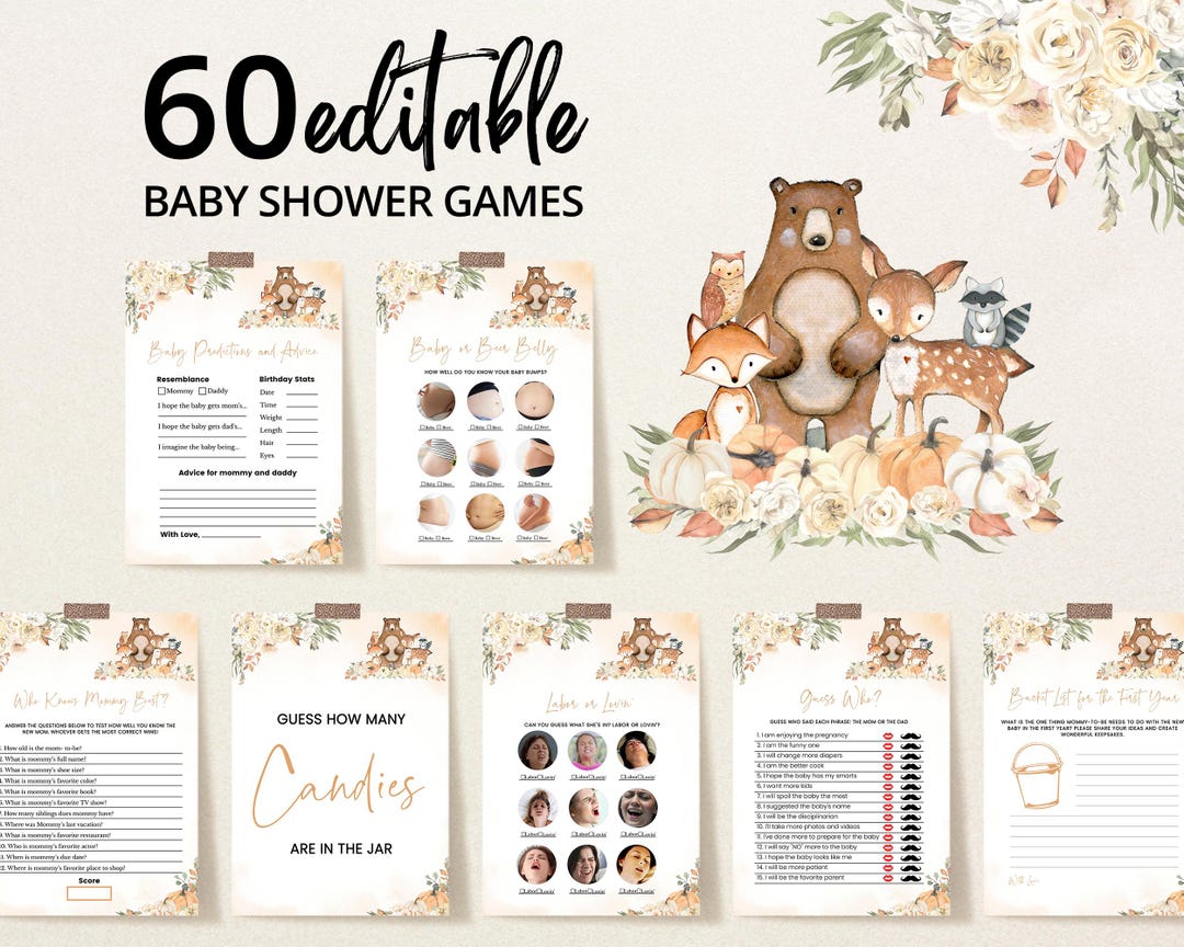 Editable Fall Woodland Baby Shower Game Bundle, Woodland Pumpkin Baby ...