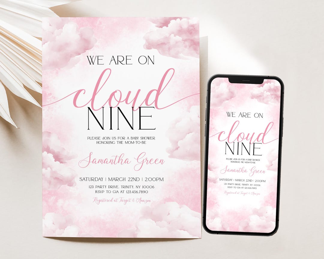 Editable on Cloud 9 Baby Shower Invitation, Pink Cloud Nine Baby Shower ...