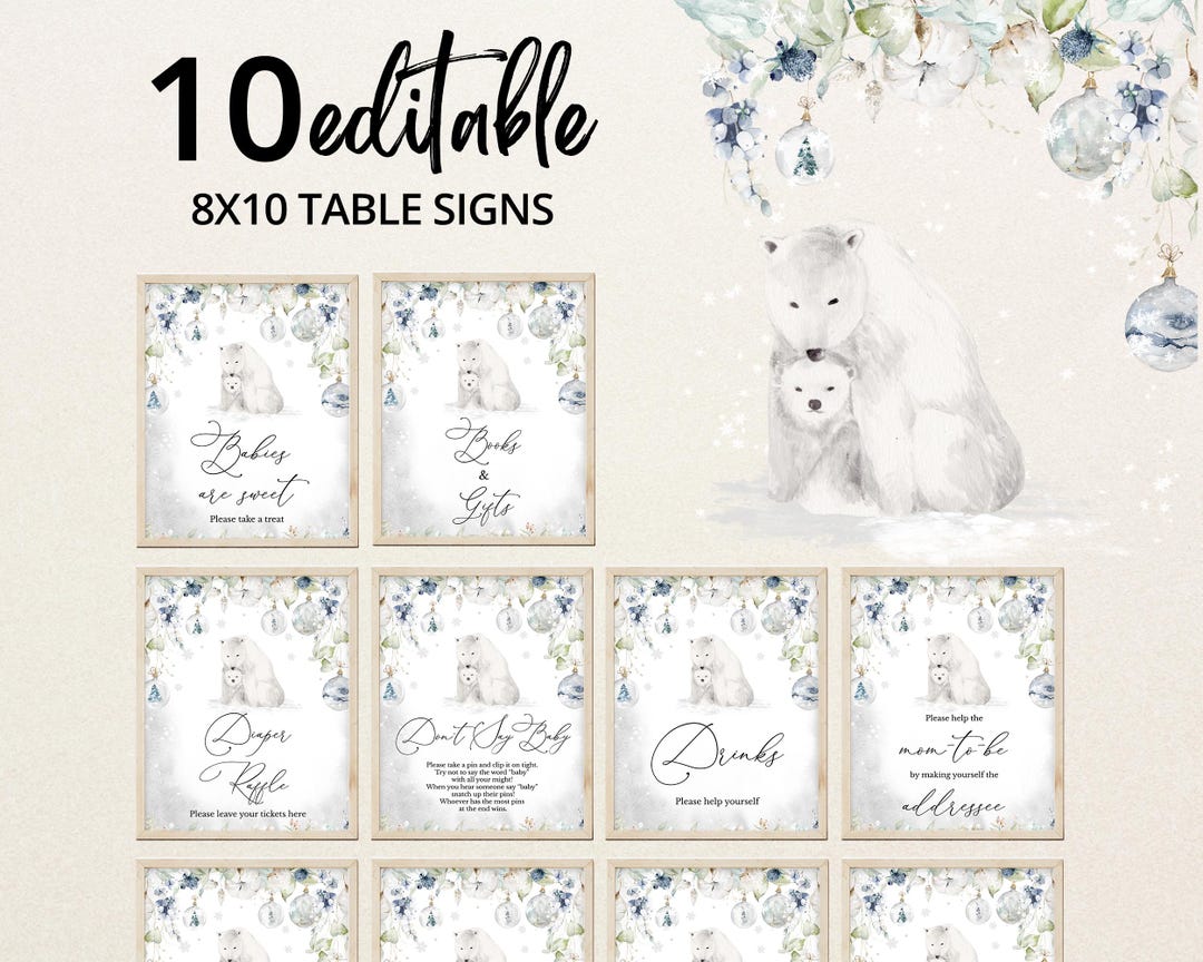 Editable Winter Polar Bear Baby Shower Table Sign, Greenery Winter Bear ...