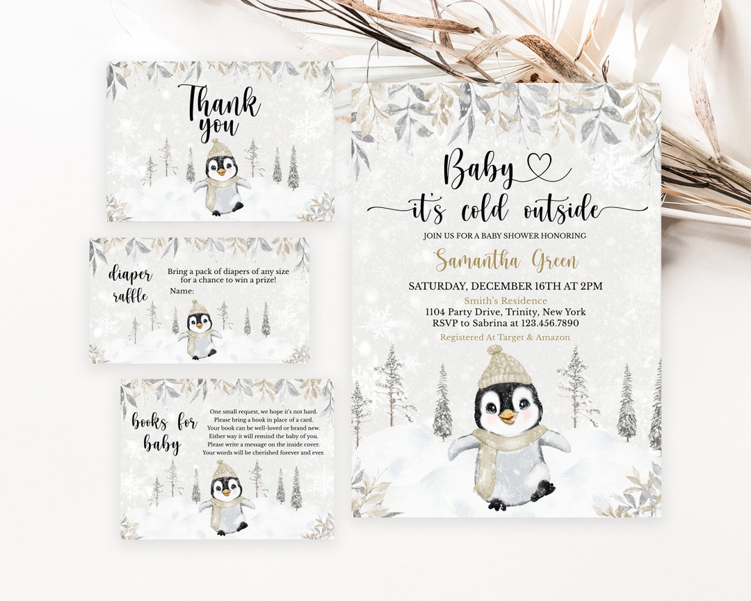 Editable Gold Silver Penguin Baby Shower Invitation Bundle, Gender ...