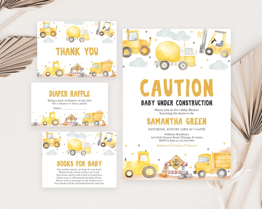 Editable Baby Under Construction Baby Shower Invitation Bundle, Modern ...