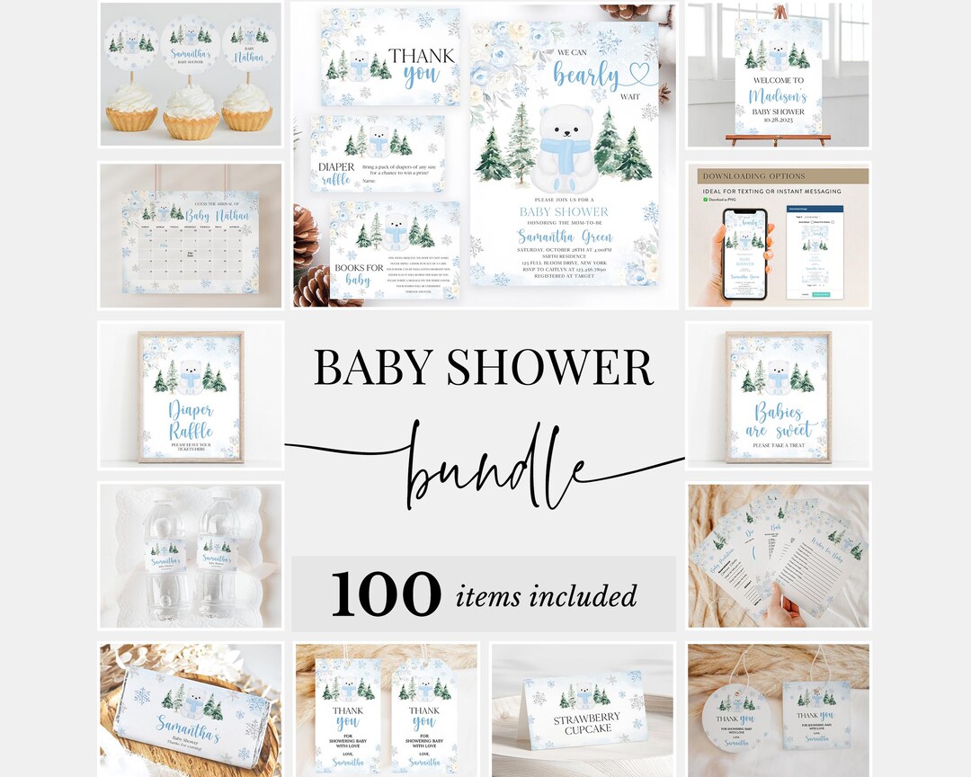 Editable Blue Polar Bear Baby Shower Bundle, We Can Bearly Wait Boy ...