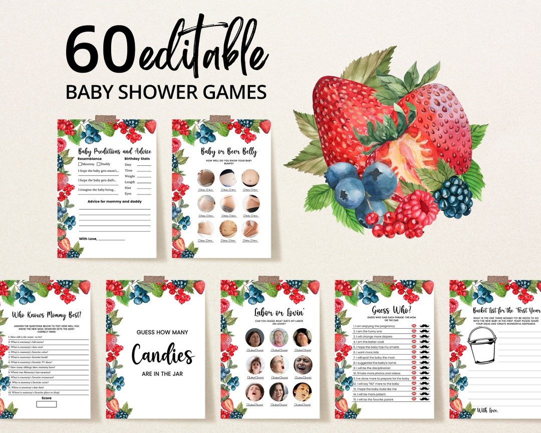 Editable Berry Sweet Baby Shower Game Bundle, Strawberry Blueberry Baby ...
