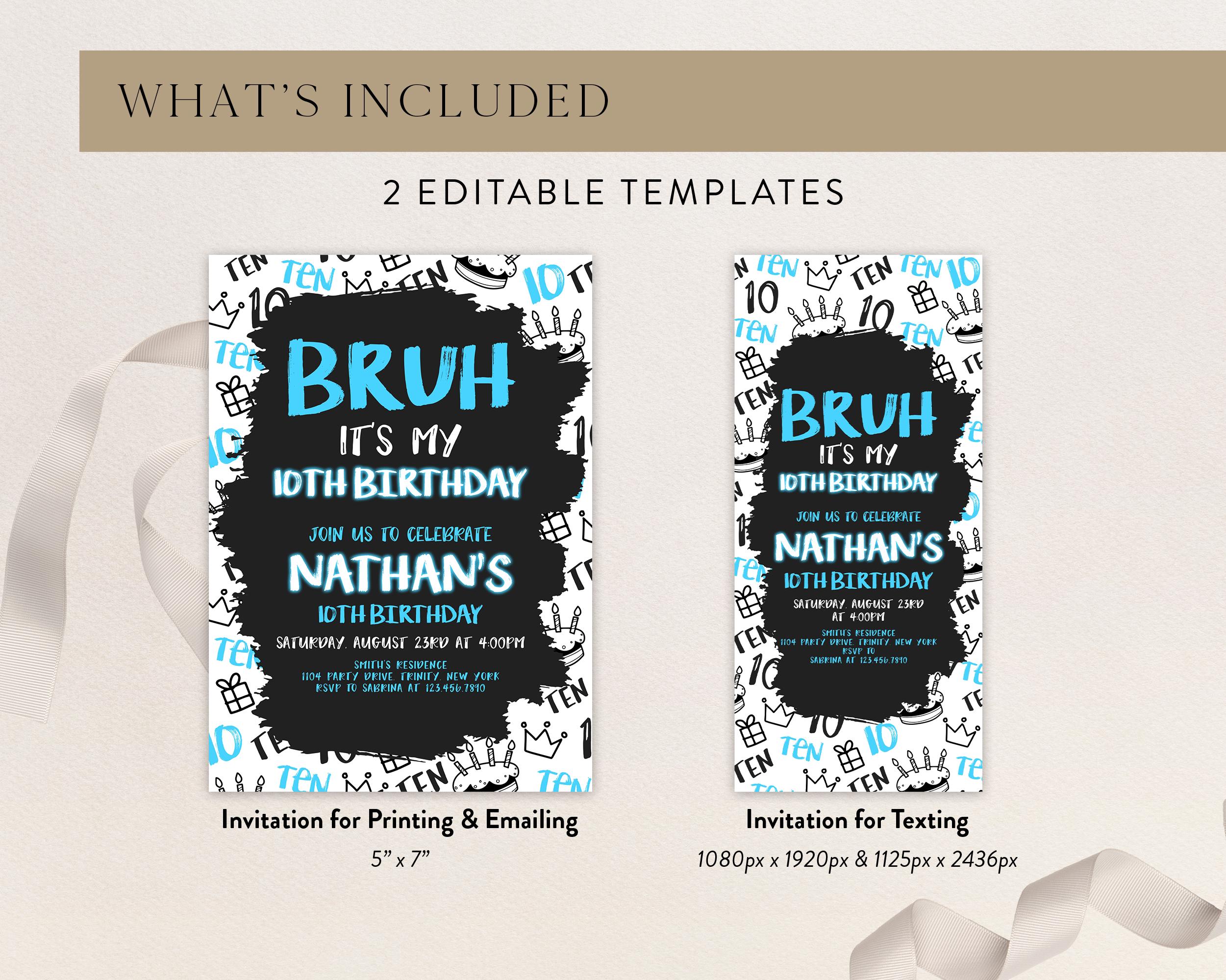 Editable Bruh Birthday Invitation, Boy Blue Bruh Birthday Invite ...