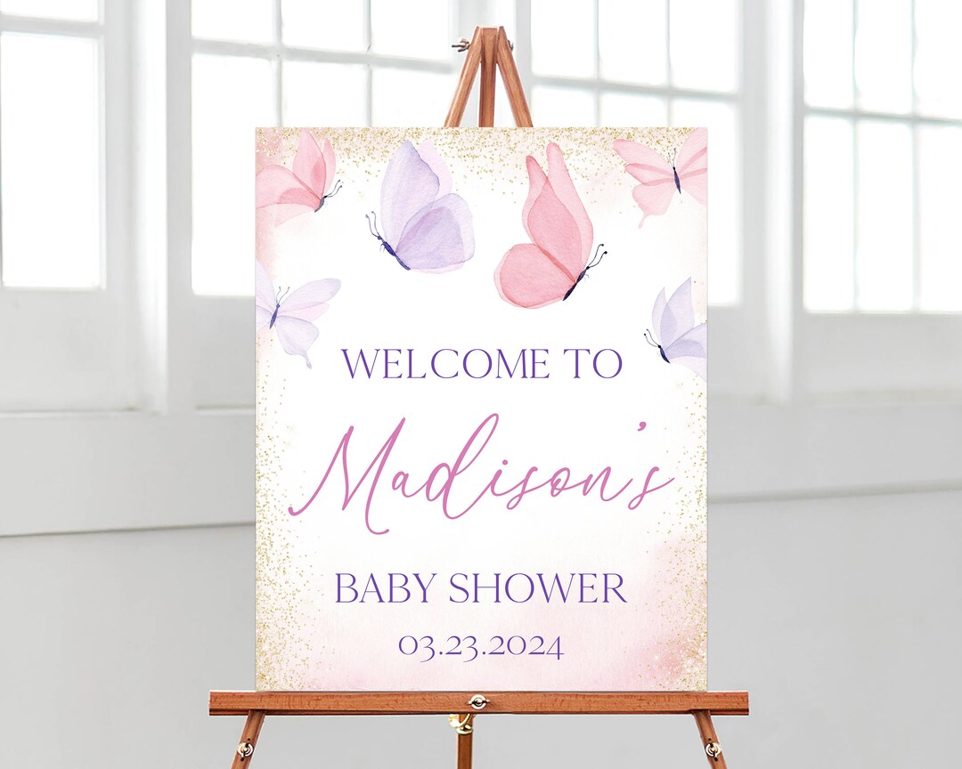 Editable Pink Purple Butterfly Baby Shower Welcome Sign, Pastel Girl ...