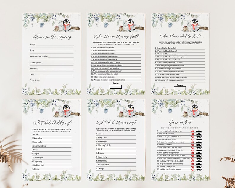 Editable Winter Penguin Baby Shower Game Bundle, Gender Neutral Penguin ...