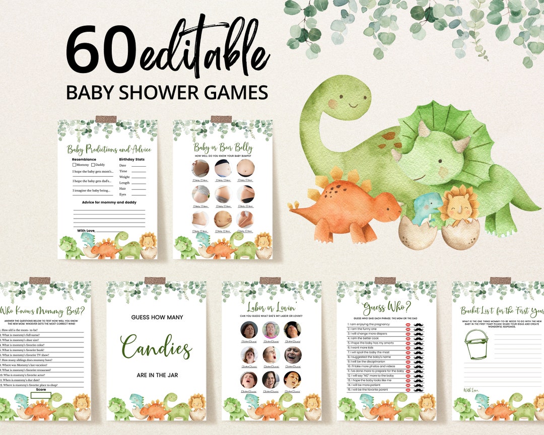 Editable Dinosaur Baby Shower Game Bundle, Greenery Dinosaur Baby ...